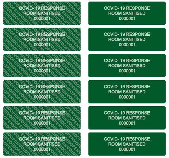 Covid-19 Room Sanitisation Label. Reassure Staff and Visitors.